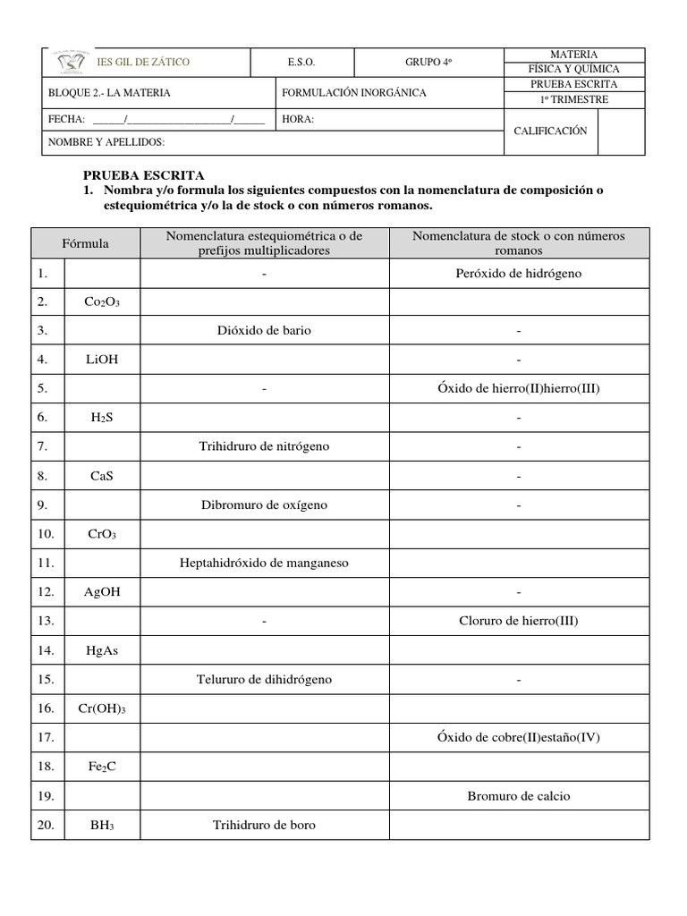 Prueba escrita.- C.E.6. Formulación inorgánica | PDF | Átomos ...