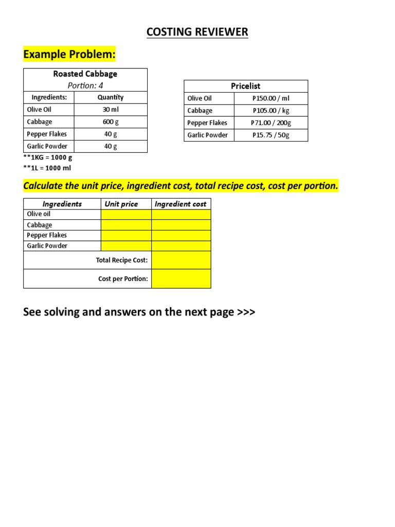Calculating Ingredient Costs, Total Recipe Cost, and Cost per Portion ...
