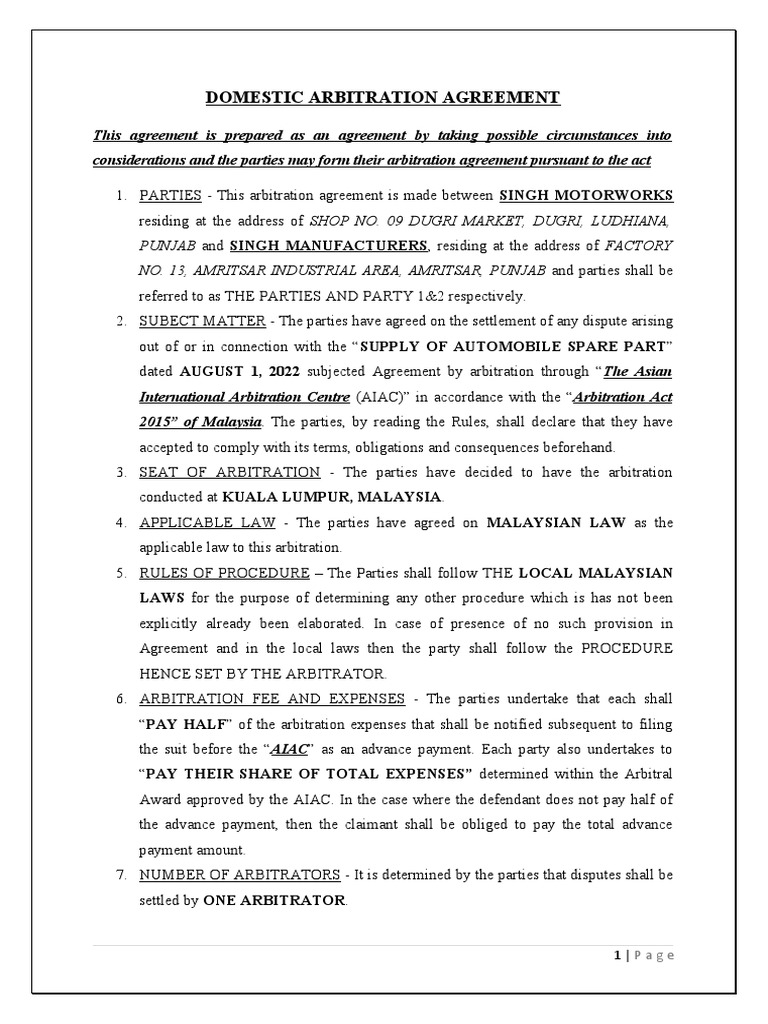 Domestic Arbitration Agreement | PDF | Arbitral Tribunal | Arbitration