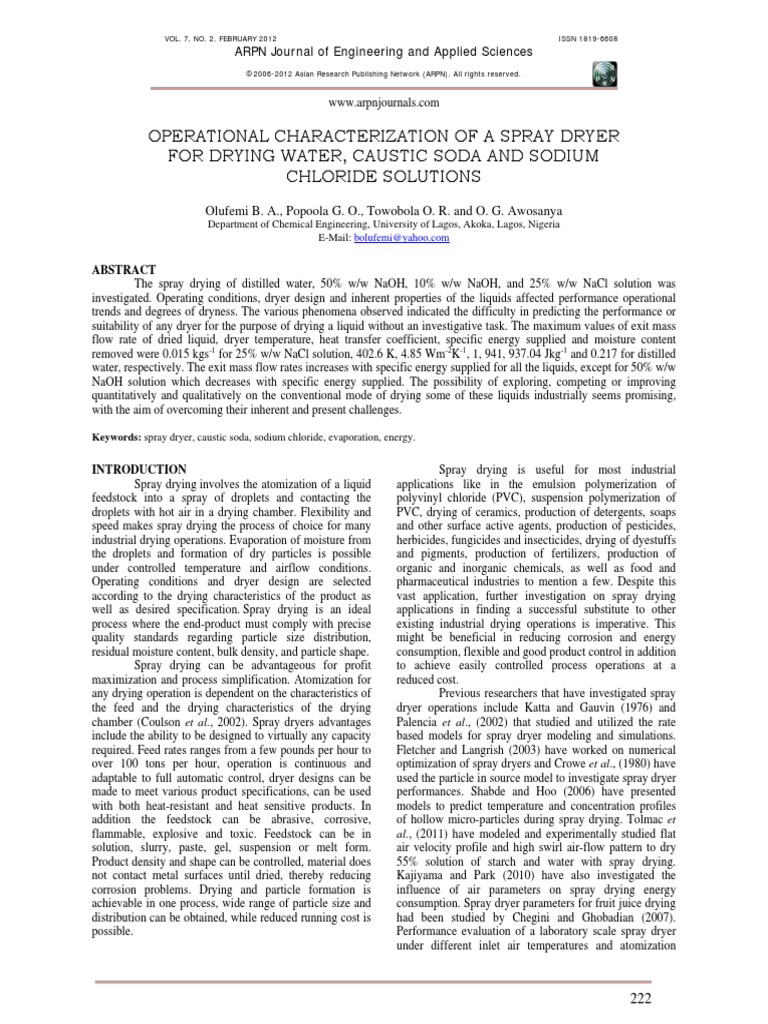 Operational Characterization of A Spray Dryer For Drying Water, Caustic ...
