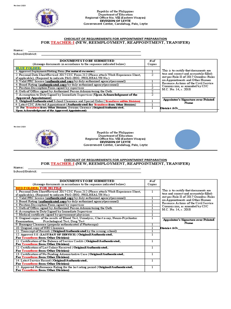Checklist of Reqs For Appointment Preparationrevised 2023 | PDF | Signature | Oath Of Office