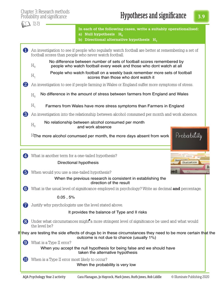 2ed Y2 72-73 3-9 Hypotheses and Significance | PDF | Hypothesis | Type I And Type Ii Errors