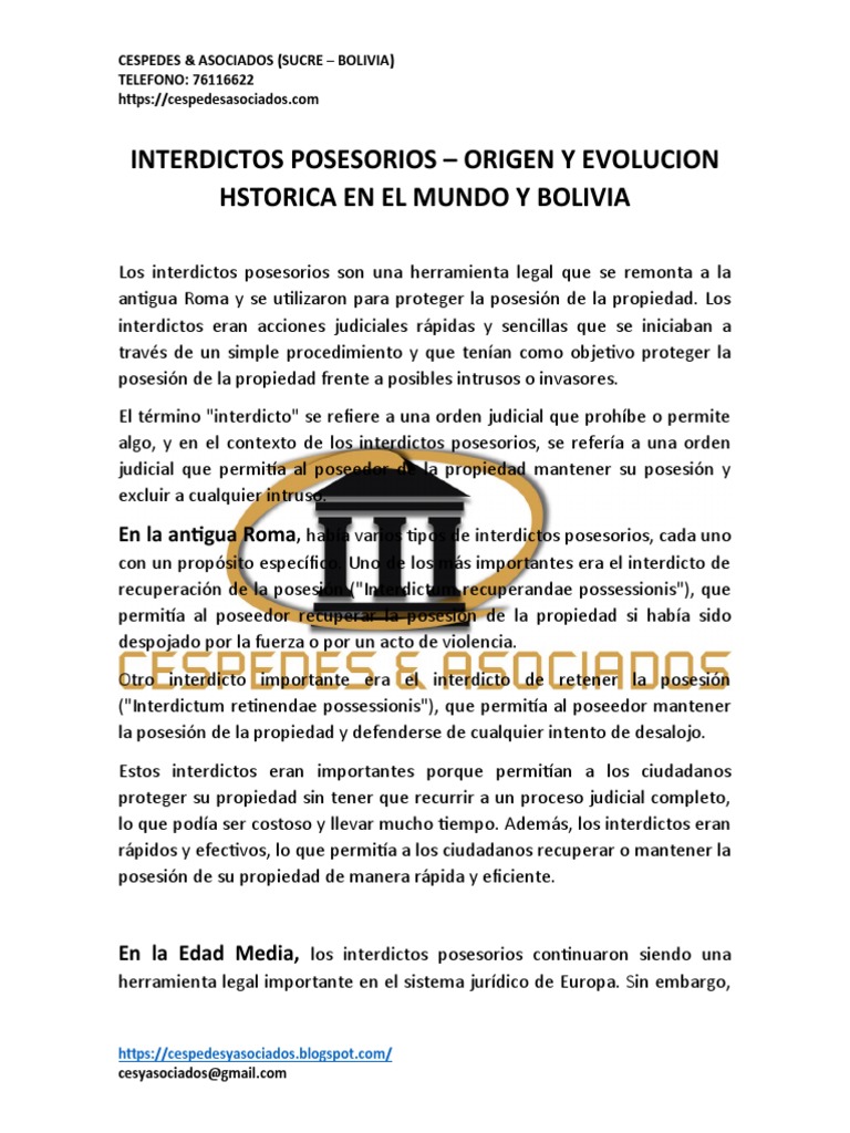 Interdictos Posesorios - Origen y Evolucion en El Mundo y Bolivia | PDF ...