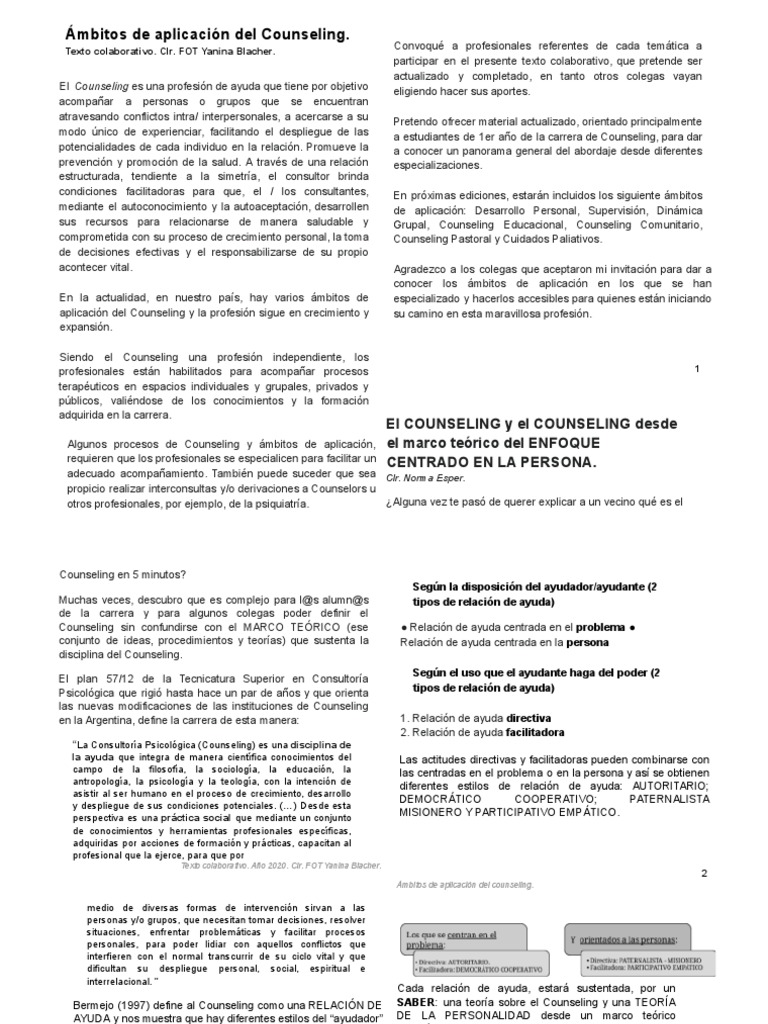 TEXTO 11 - Ámbitos de Aplicación Del Counseling. Texto Colaborativo. pdf-1 | PDF | Asesoramiento ...