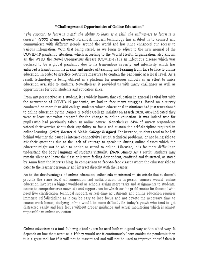 Challenges and Opportunities of Online Education Essay MINI PTASK | PDF ...