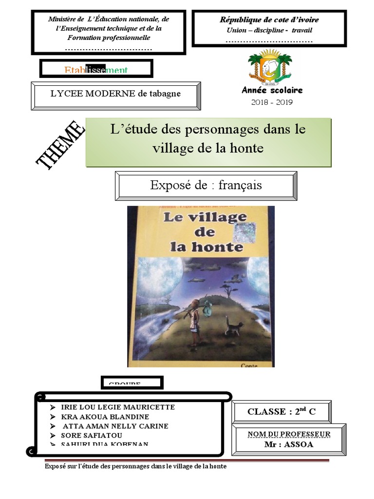 Exposé Sur L - Étude Des Personnages Dans Le Village de La Honte | PDF