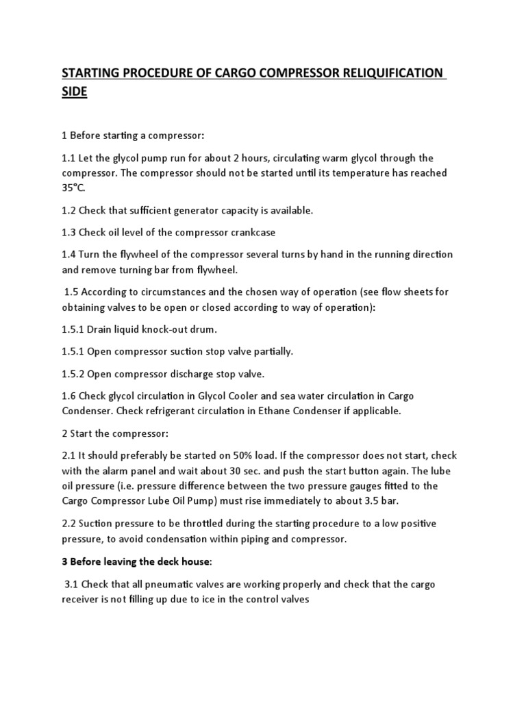 Starting Procedure of Cargo Compressor Reliquification Side | PDF | Pressure | Pump