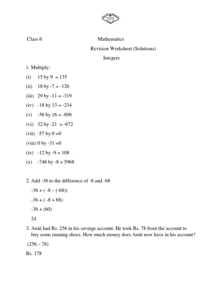 Class 6 Integers Revision Worksheet | PDF