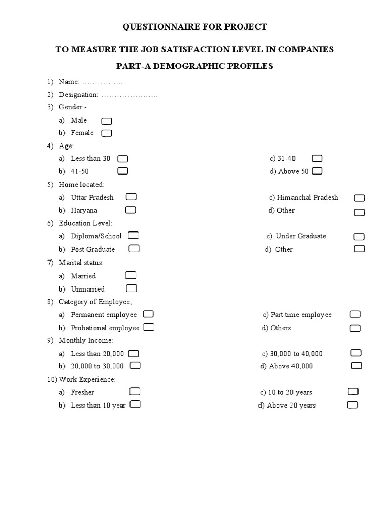 Questionnaire For Project To Measure The Job Satisfaction Level in ...