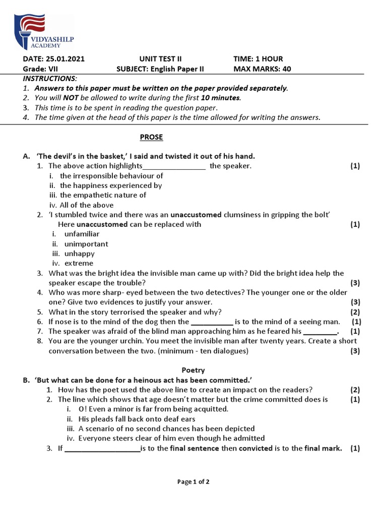 Grade 7 Literature Paper II (25.01.2021) | PDF | Language Arts ...