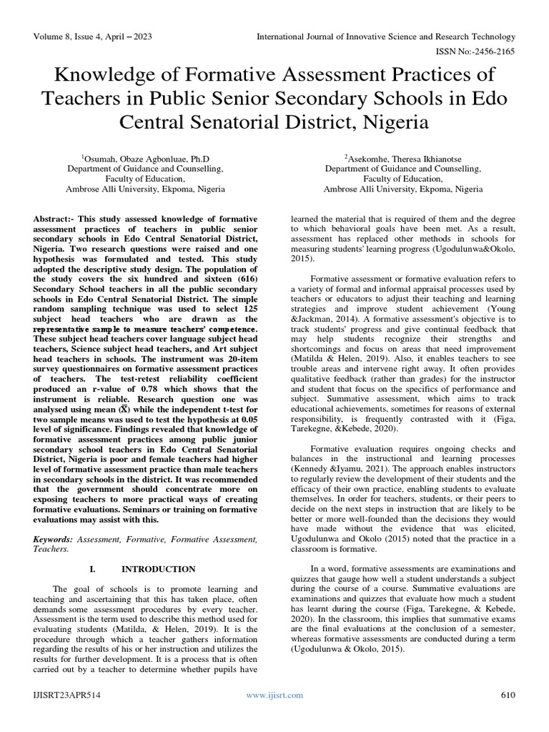 Knowledge of Formative Assessment Practices of Teachers in Public Senior Secondary Schools in ...