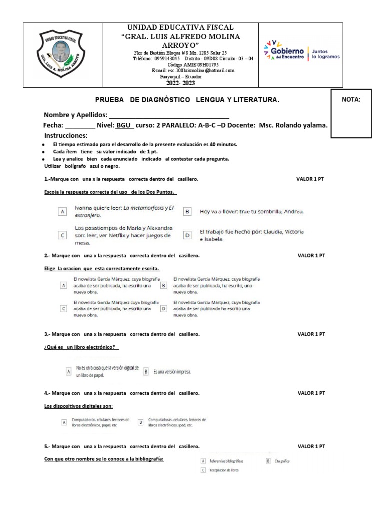 Prueba Diagnóstica Lengua y Literatura BGU | PDF