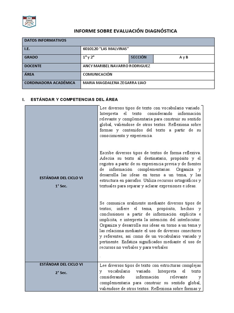Informe sobre la evaluación diagnóstica de comunicación en los grados 1° y 2° de la I.E. 'Las ...