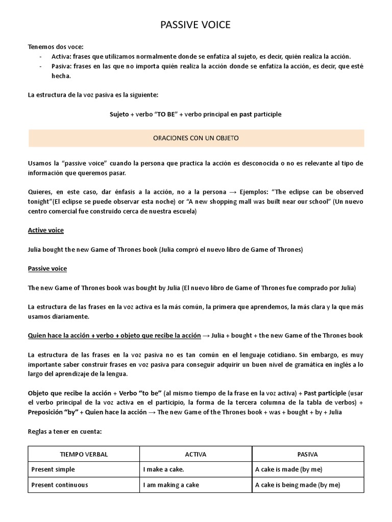 Guía Completa de Voz Pasiva en Inglés | PDF | Verbo | Asunto (gramática)