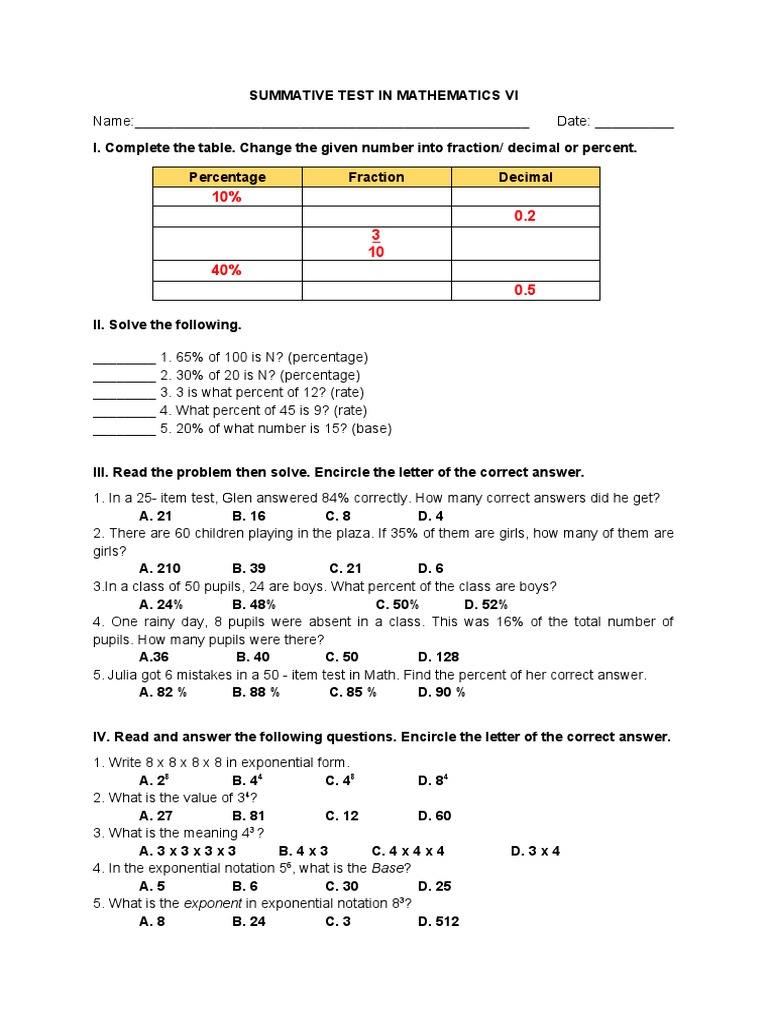 Summative Test in Mathematics Vi | PDF