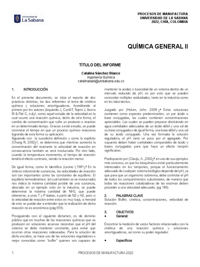 Informes de Laboratorio Cinetica y Buffer 4112022 | PDF | Solución tampón | Ph