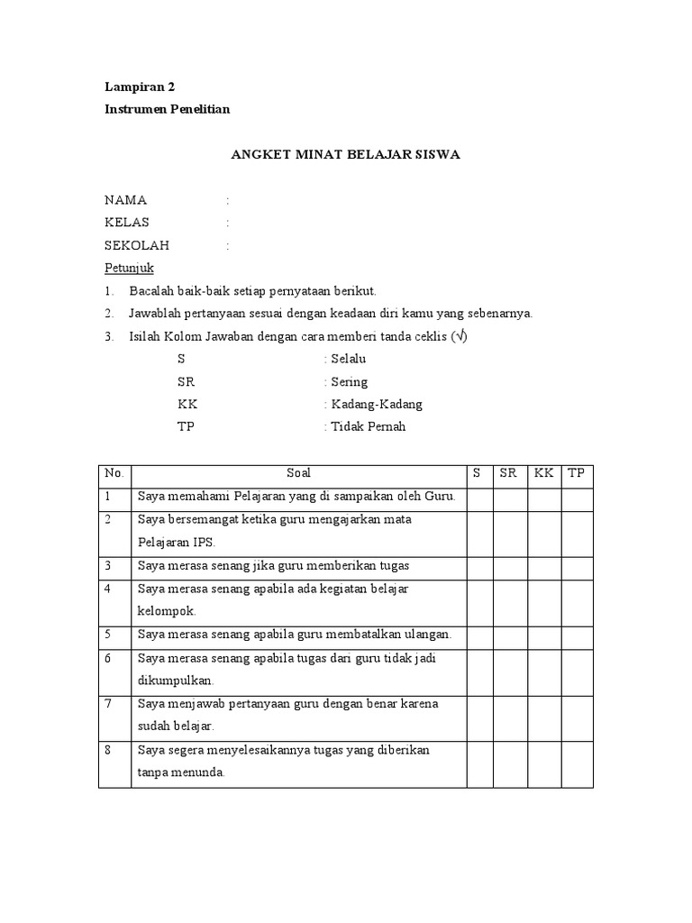 Angket Minat Belajar Siswa | PDF