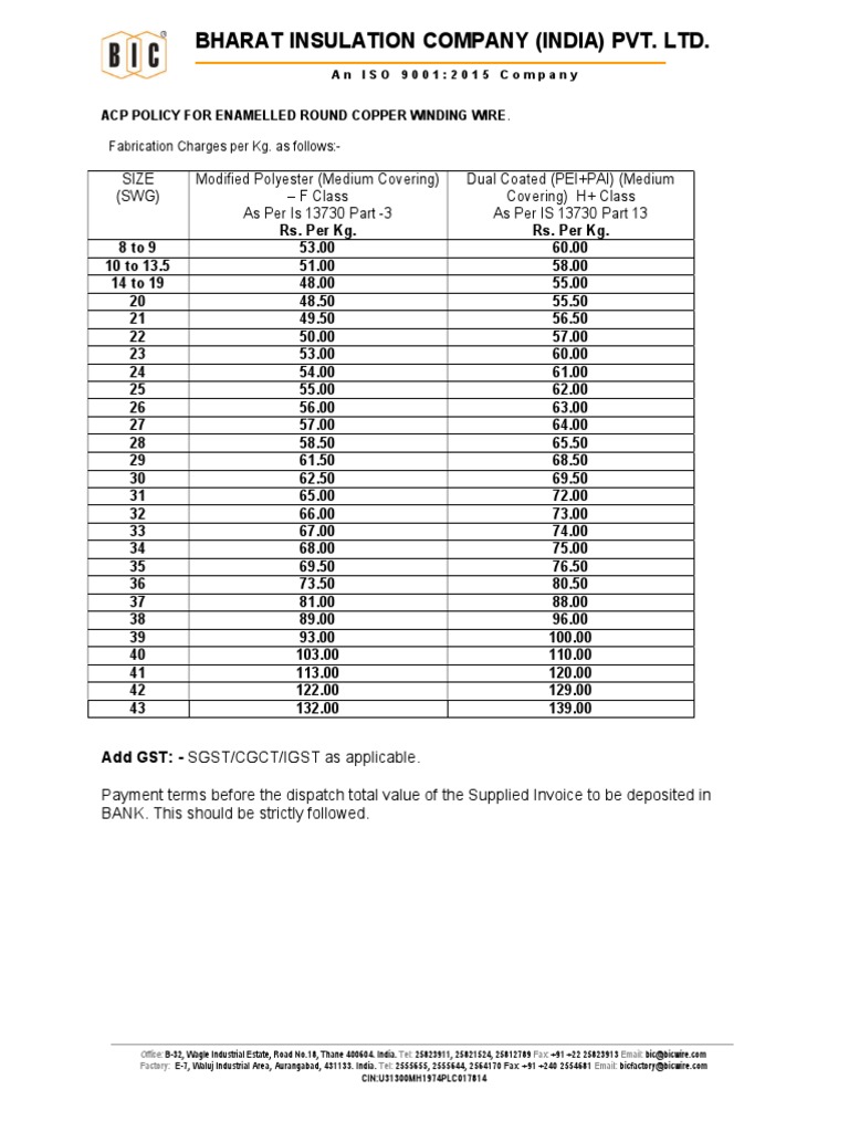 BIC Enamelled Copper Wire Pricing 2025 | PDF