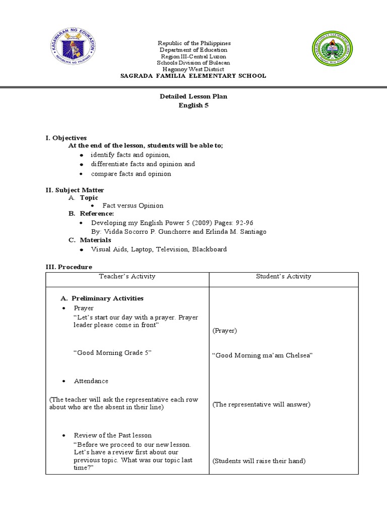 Detailed Lesson Plan English 5: Sagrada Familia Elementary School | PDF | Question | Teachers
