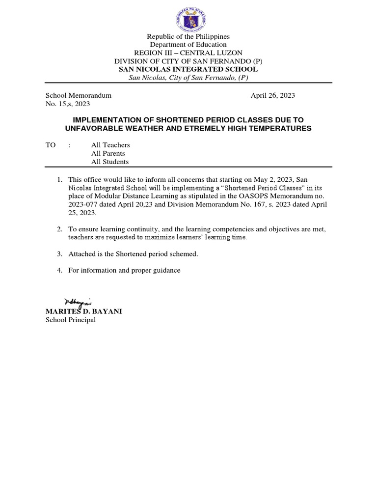 School-Memorandum-Shortened-Period | PDF