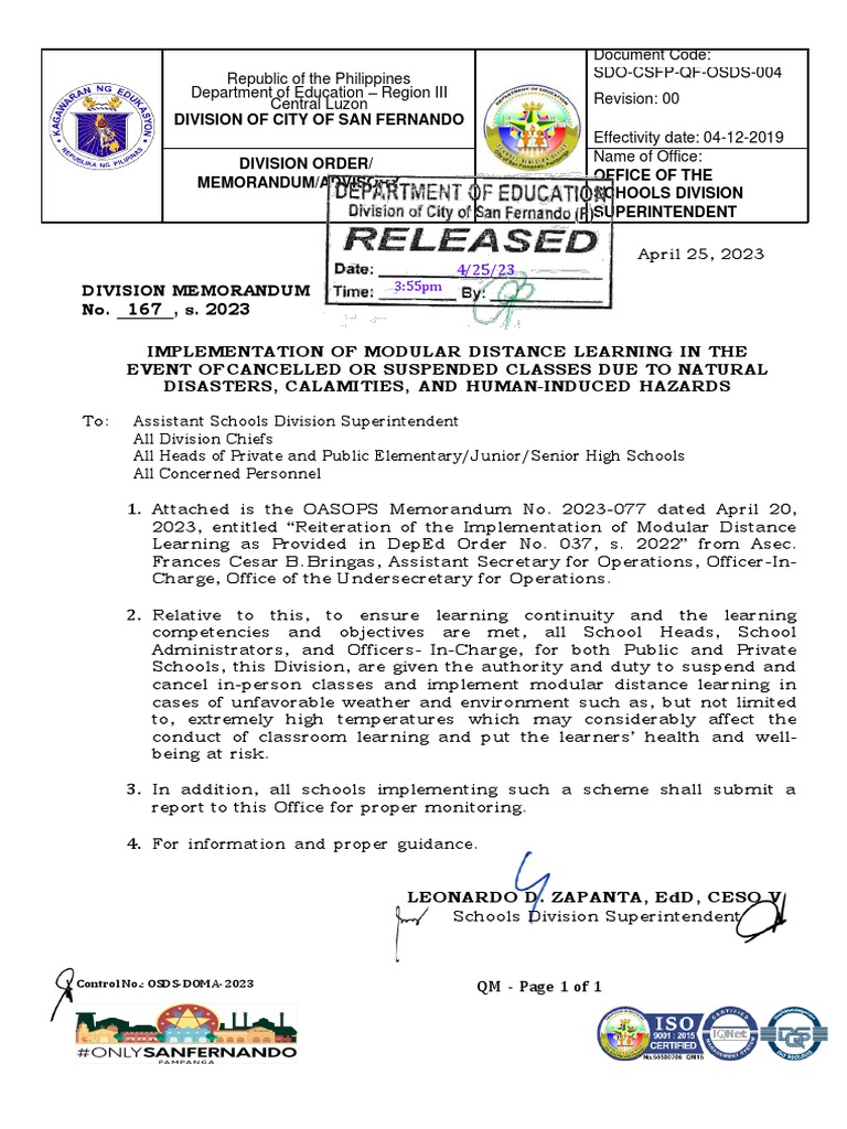 Division Memorandum No. 167, S. 2023: Control No.: OSDS-DOMA-2023 | PDF