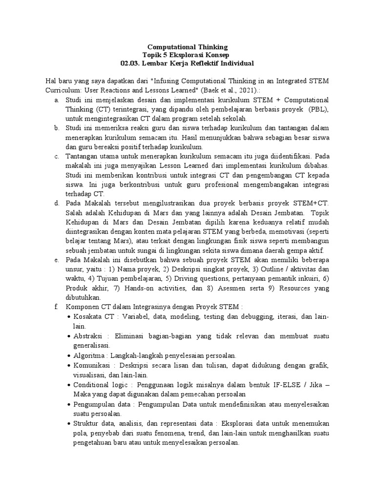 COMPUTATIONAL THINKING TOPIK 5 EKSPLORASI KONSEP LK 02.03. Lembar Kerja Reflektif Individual | PDF