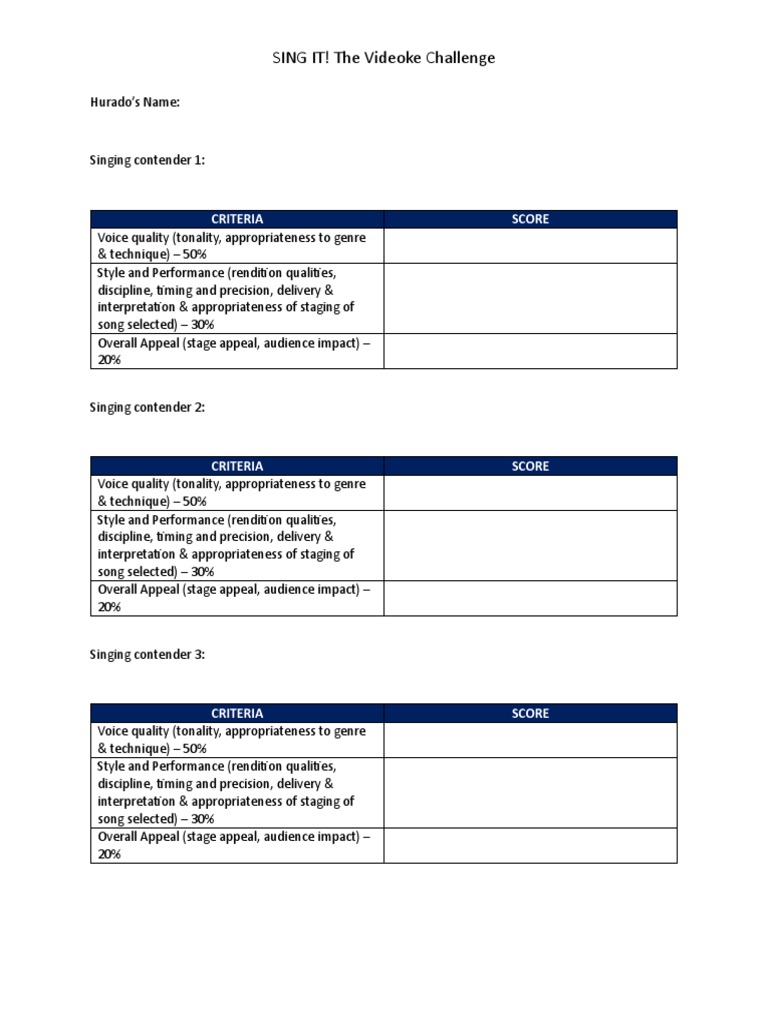 SING IT! The Videoke Challenge: Criteria Score | PDF