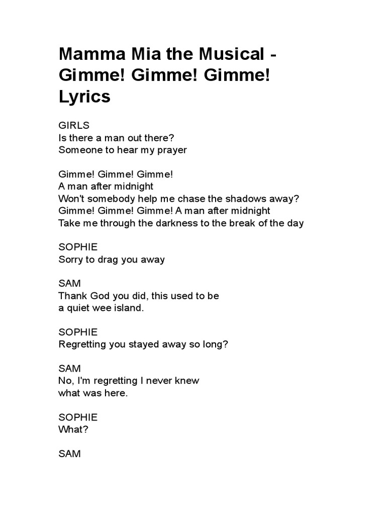 Mamma Mia The Musical - Gimme! Gimme! Gimme! Lyrics | PDF