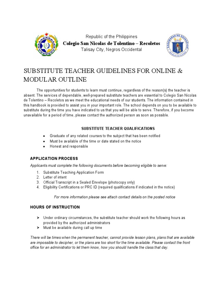Substitute Teacher Guidelines For Online & Modular Outline: Colegio San ...