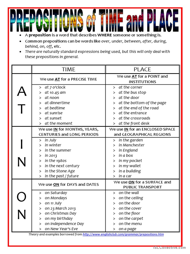 Prepositions of Time and Place Explained | PDF