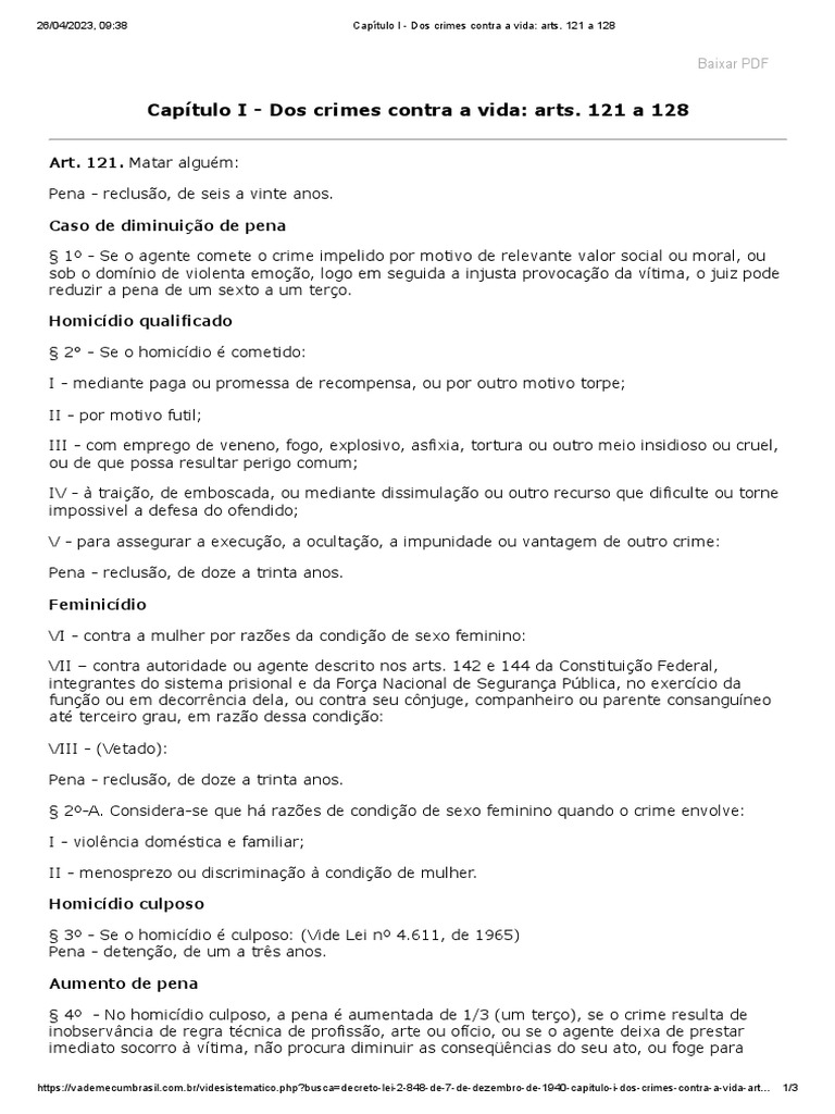 Capítulo I - Dos Crimes Contra A Vida - Arts. 121 A 128 | PDF | Homicídio | Desvio (Sociologia)