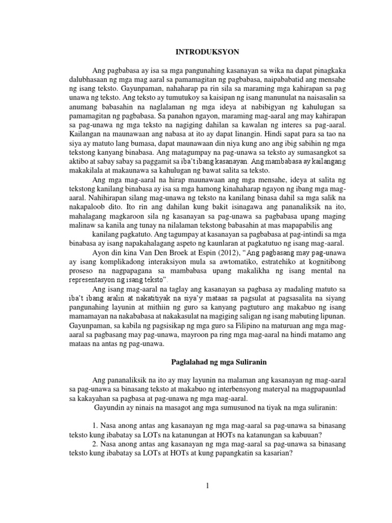 Kasanayan NG Mga Mag-Aaral Sa Pag-Unawa Sa Binasang Teksto | PDF