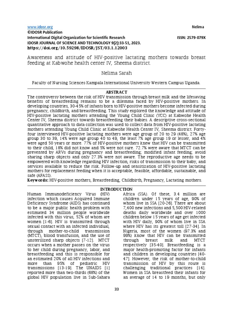 Awareness and Attitude of HIV-positive Lactating Mothers Towards Breast ...