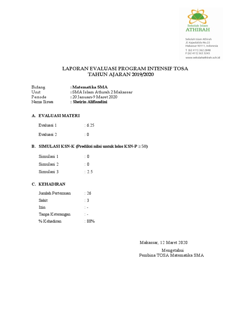 Rapor Siswa TOSA - Sheirin Alifiandini | PDF