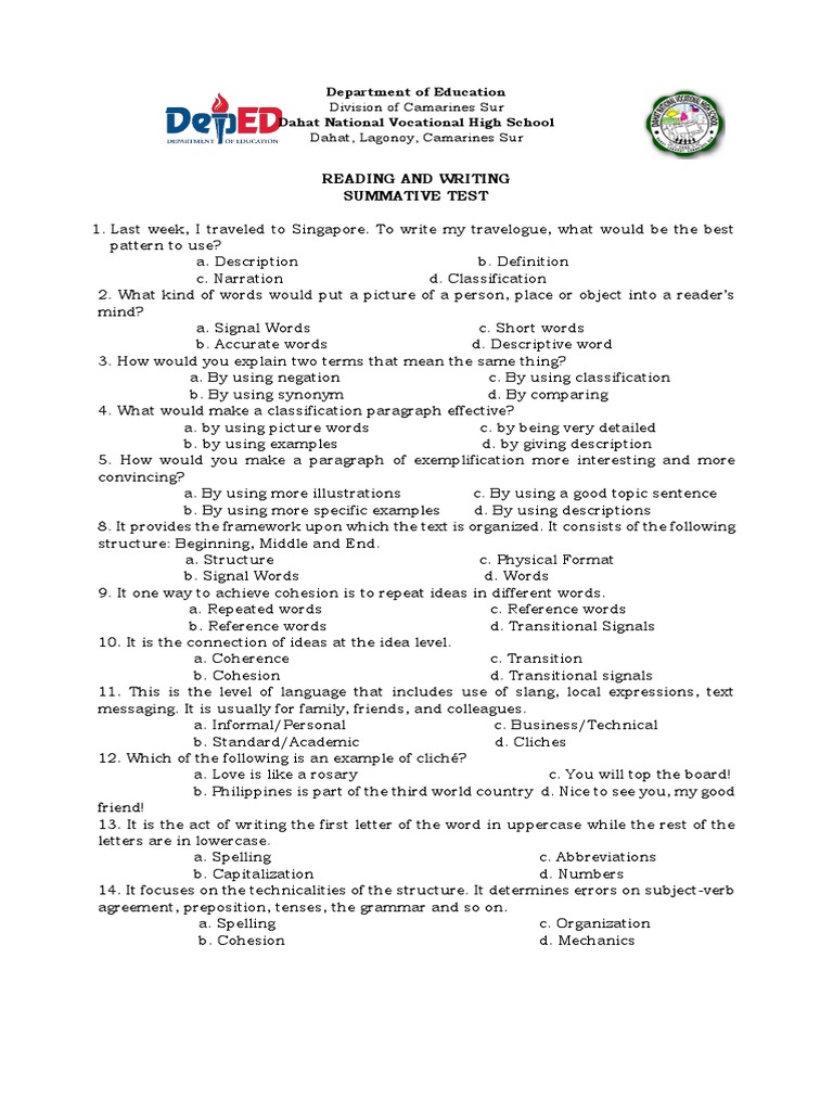 Reading and Writing Summative Test Guide | PDF | Argument | Word