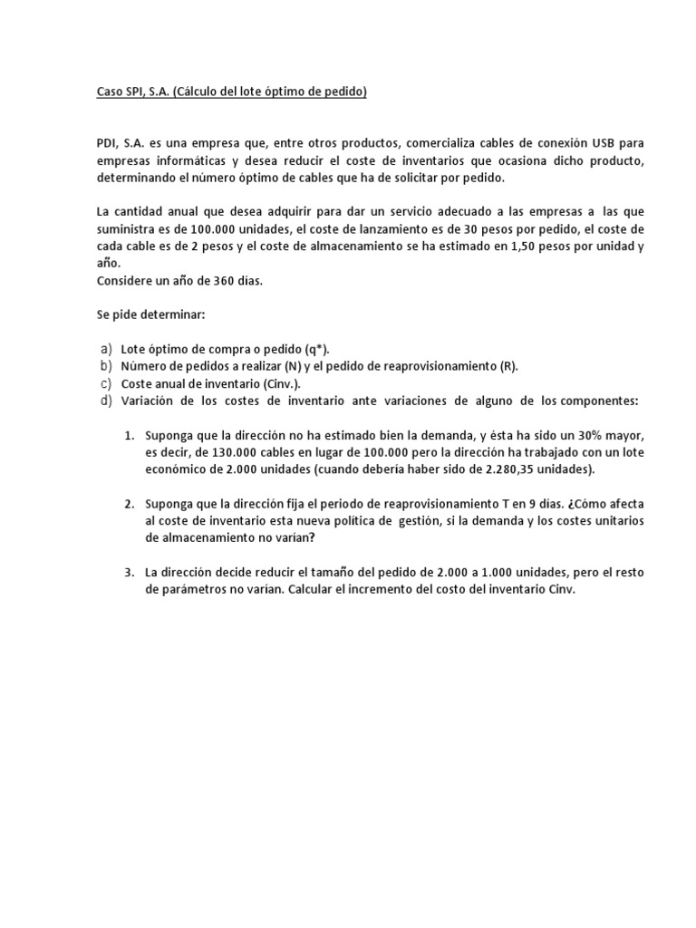 Cálculo de Lote Óptimo en SPI, S.A. | PDF