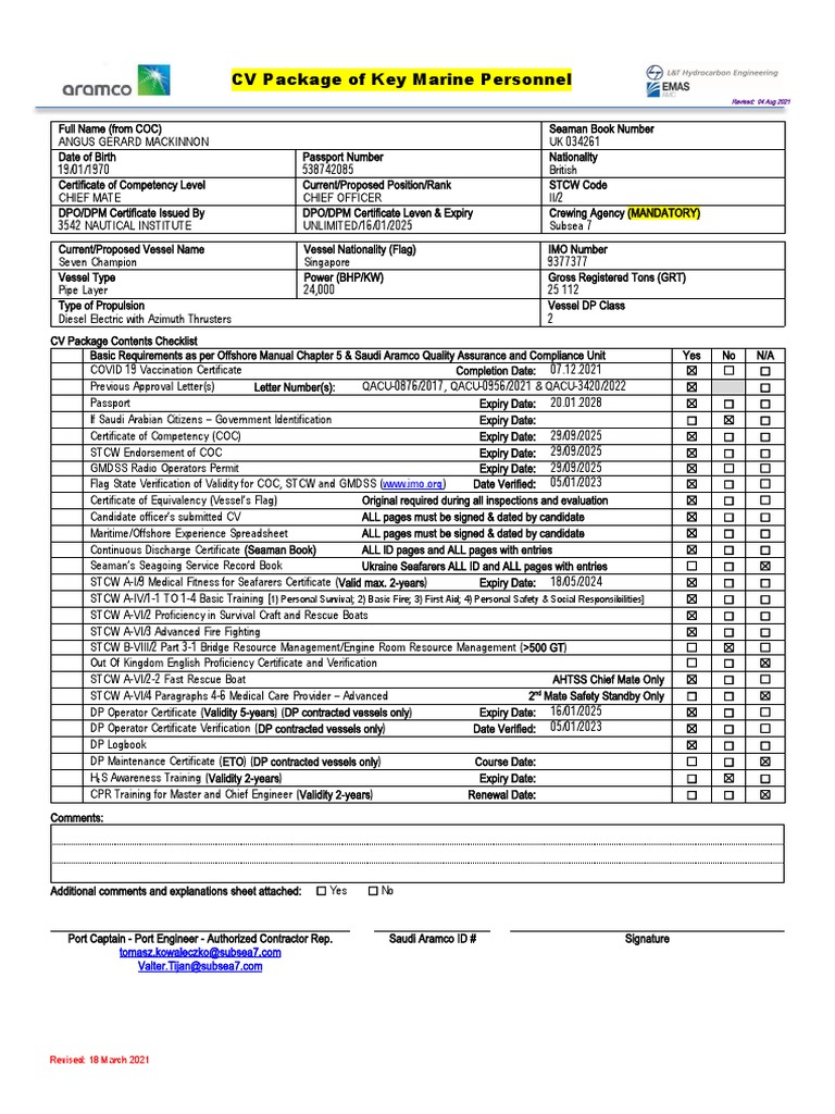 Aramco Officer CV Package Checklist - Rev. 04 Aug 2021 - REVISED ...