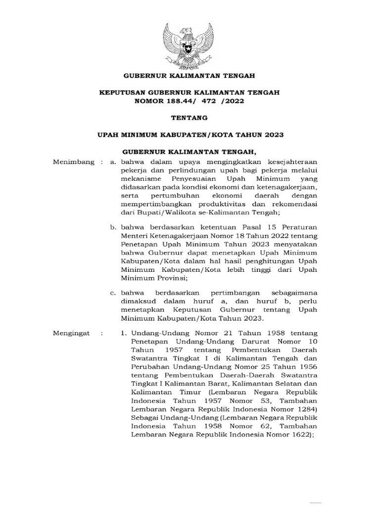 SK Gub Kalteng Tentang UMK Tahun 2023 | PDF