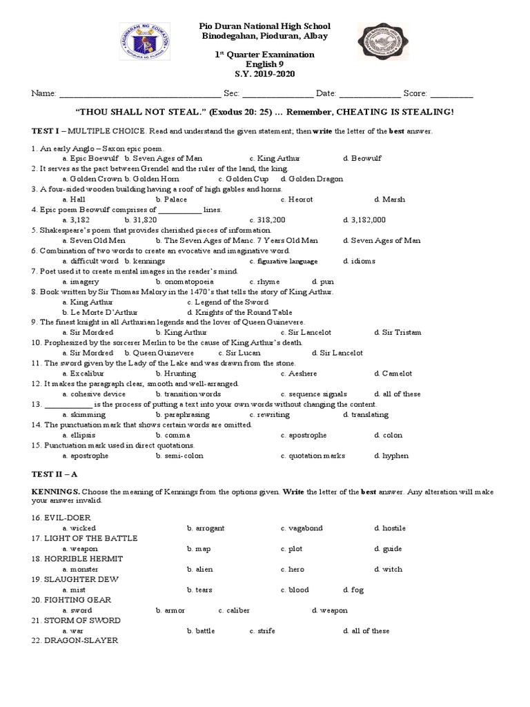 English 9 1st Quarter Exam Review | PDF | King Arthur | Beowulf