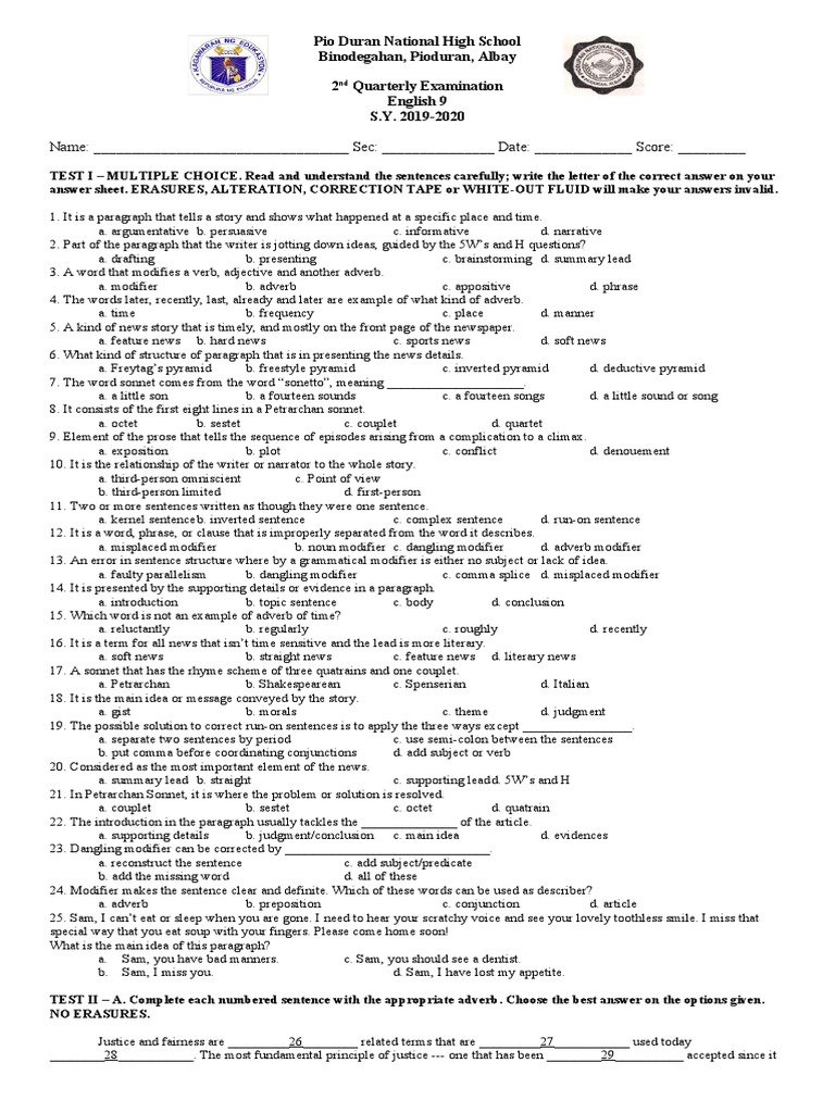2nd Quarter Exam English 9 | PDF | Linguistics | Grammar