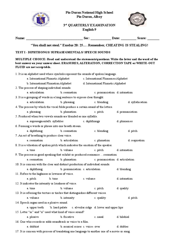 3rd Periodical Exam in Eng 9 | PDF | Phoneme | Vowel