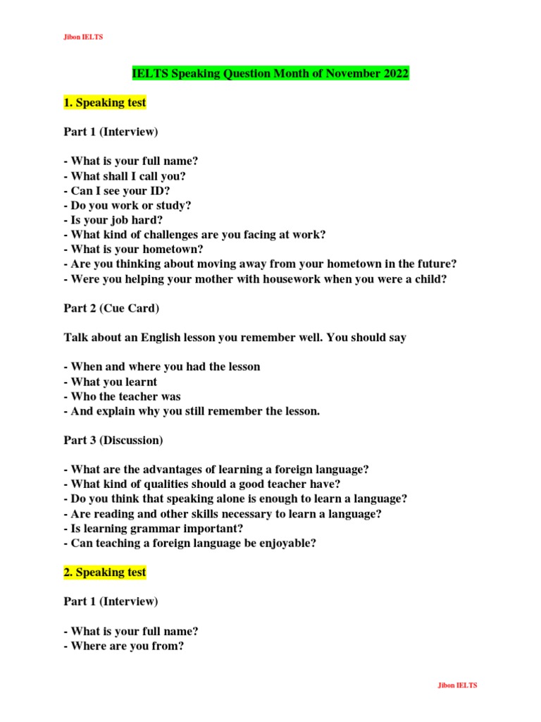 IELTS Speaking Questions November 2022 | PDF | Foreign Language | Cognition