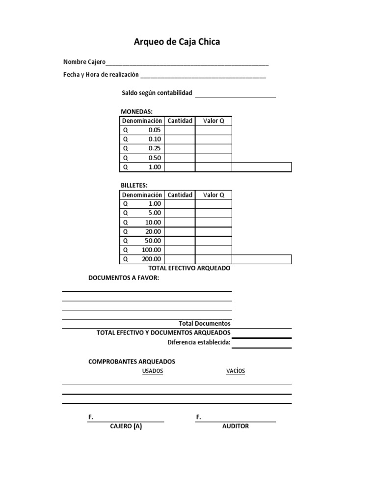 Formato de Arqueo de Caja Sencillo | PDF