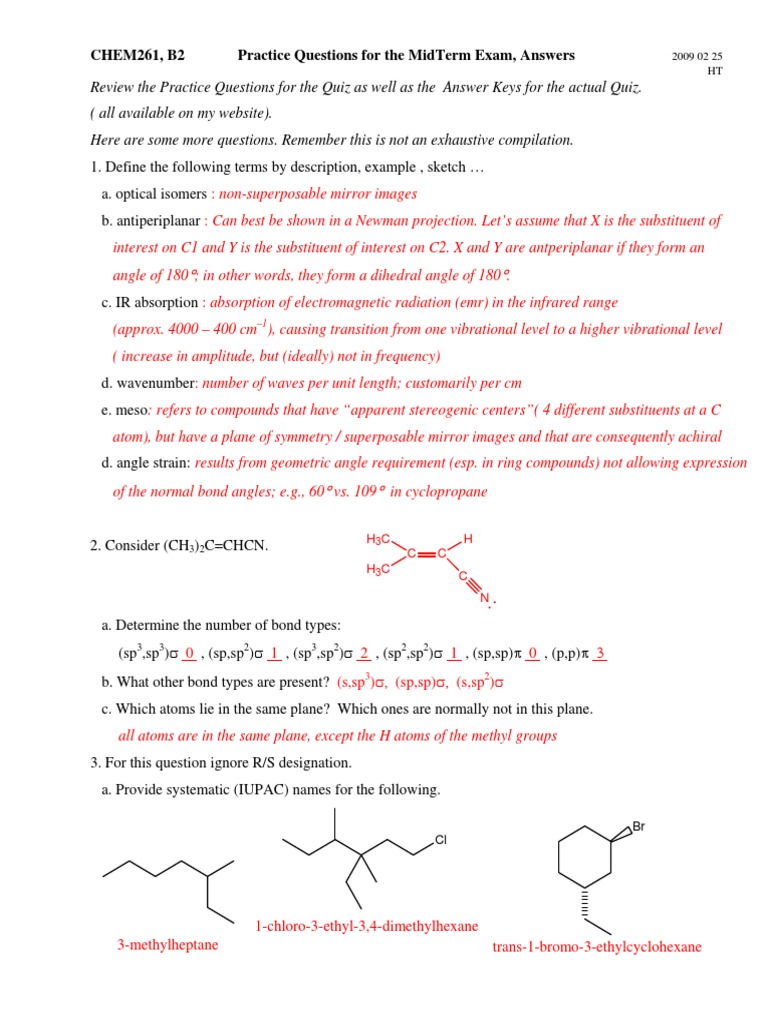 Chem261, B2 Practice Questions For The Midterm Exam, Answers | PDF ...