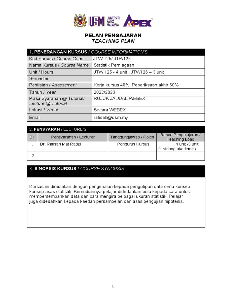 Rencana Pengajaran Statistik Perniagaan | PDF
