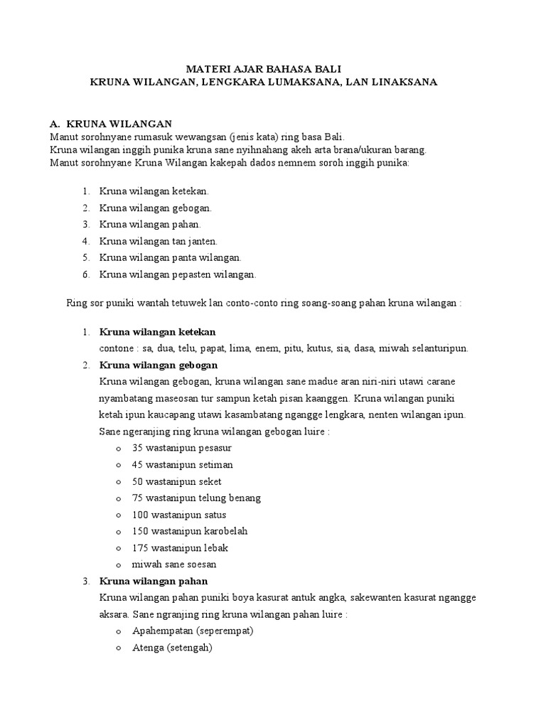 Materi Bahasa Bali Kruna Wilangan, Lengkara Lumaksana, Lan Linaksana | PDF