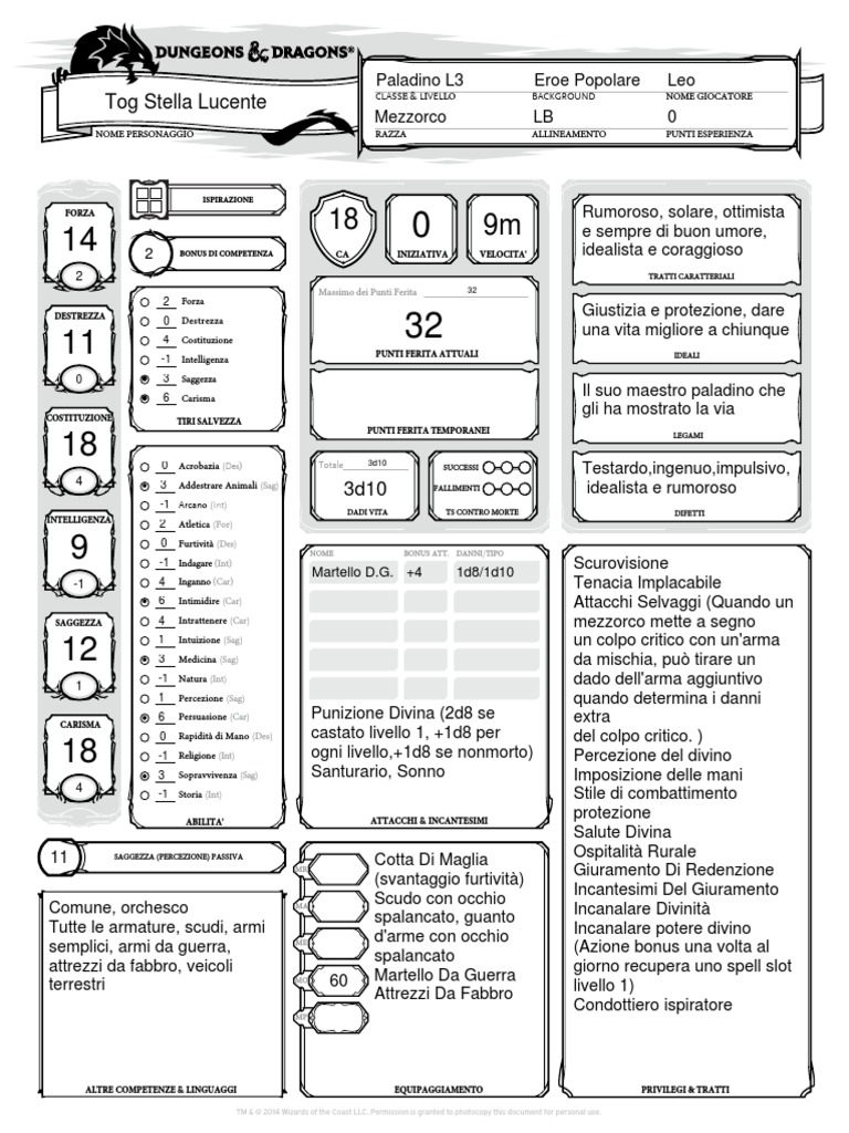 D&D 5e Scheda Personaggio Tog | PDF