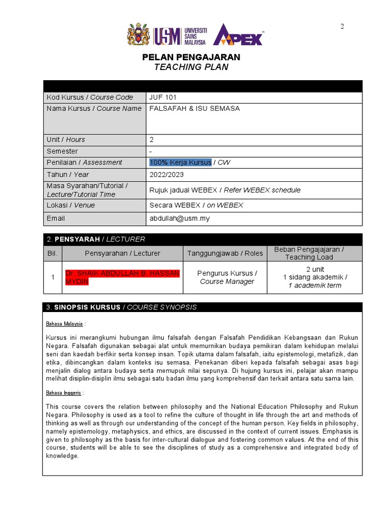 Teaching Plan JUF 101 2022-2023 | PDF
