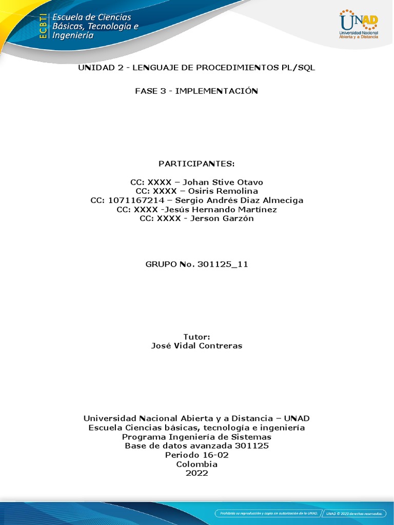 Anexo 3 Formato de Entrega Unidad 2 Fase 3 Implementaci N PDF | PDF | Pl / Sql | SQL