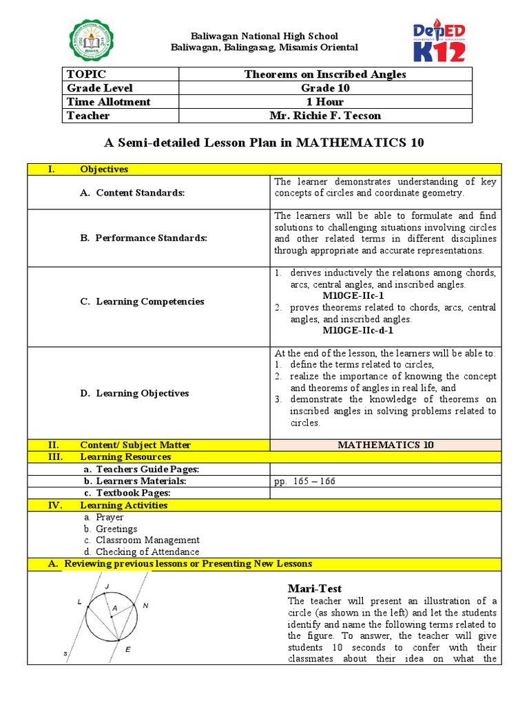 A Semi-Detailed Lesson Plan in MATHEMATICS 10 | PDF | Teachers | Learning